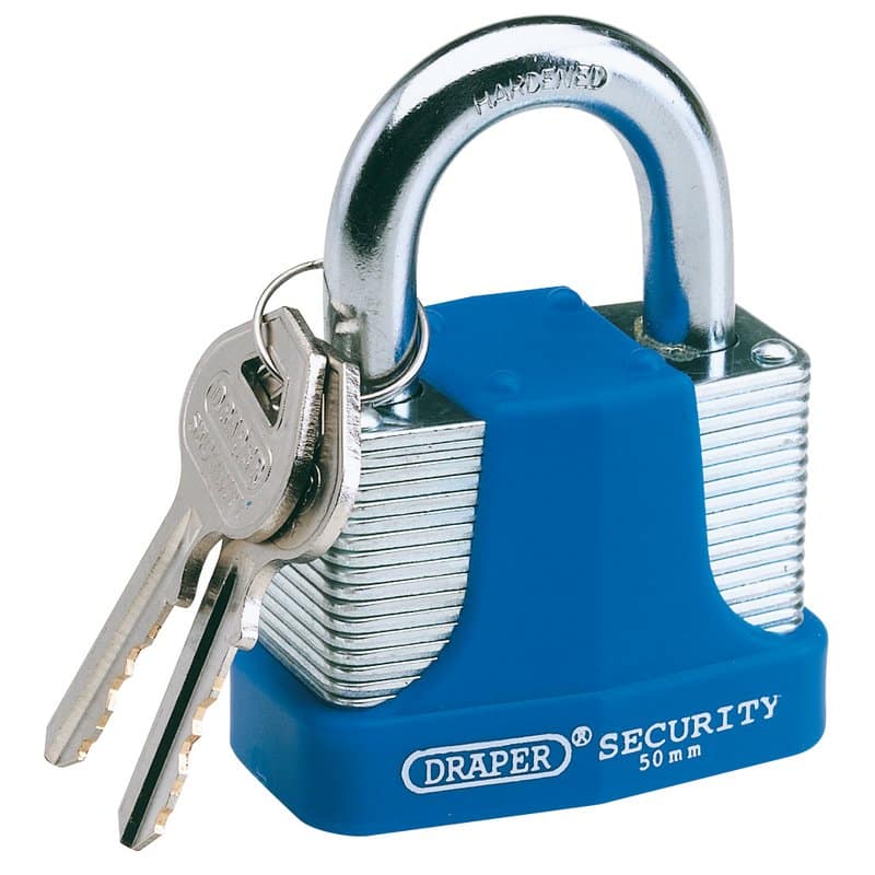 DRAPER LAMINATED STEEL PADLOCK AND 2 KEYS WITH HARDENED STEEL SHACKLE ...